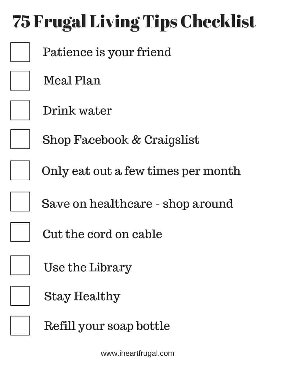 75 Frugal Living Tips Checklist - I Heart Frugal